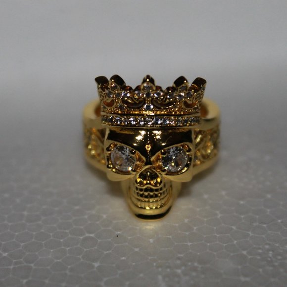 Accessories | New Mens Gold Crown Skull Copper Ring Inlaid With White ...